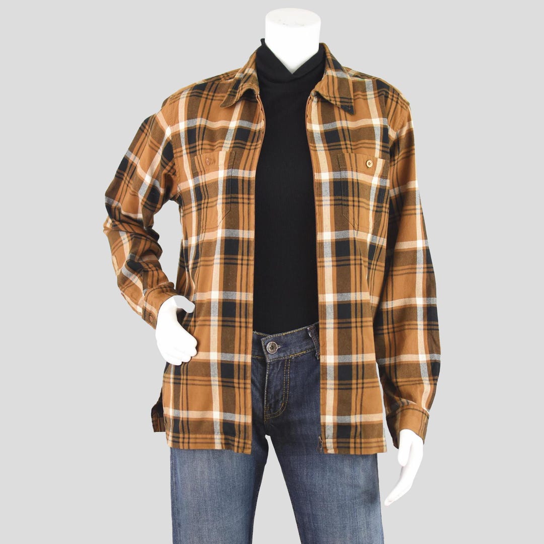 90s Plaid Zip up Shacket, Vintage Brown Long Sleeve Shirt, Women's ...