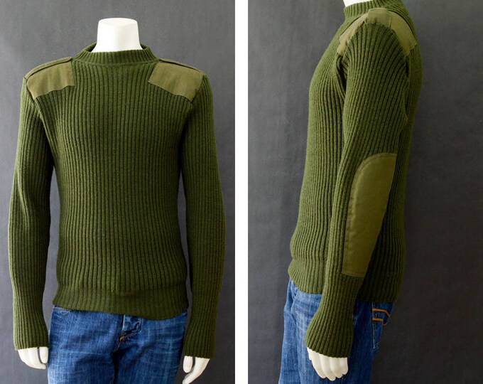 US Army Green Wool Sweater Vintage, 80s Ribbed Military Sweater Elbow ...
