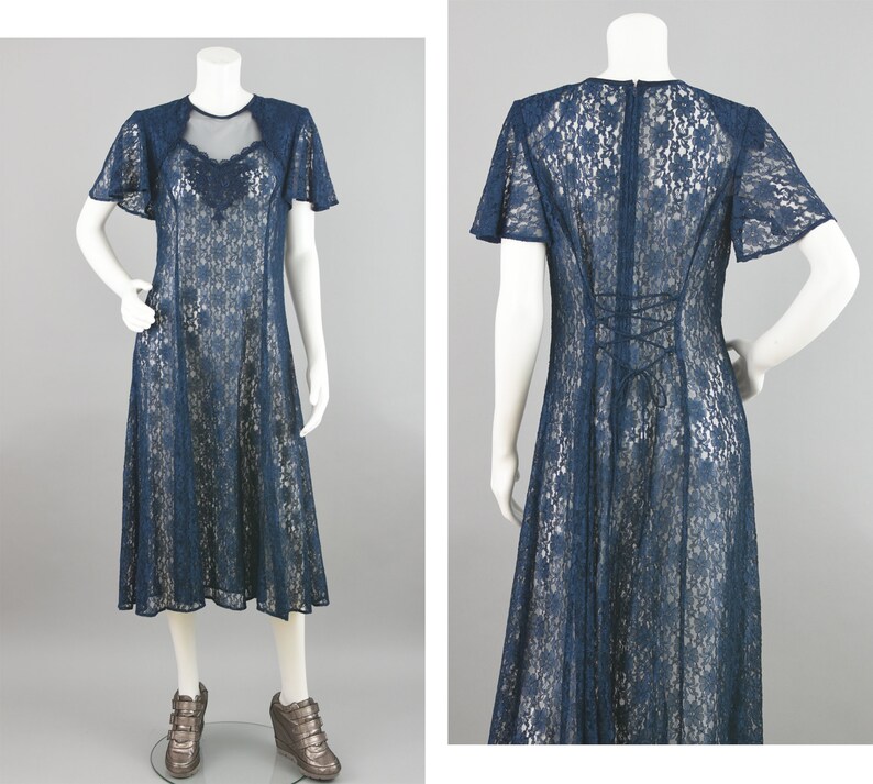 Vintage Goth Lace Navy Blue Gown Victorian Mesh High Neck - Etsy