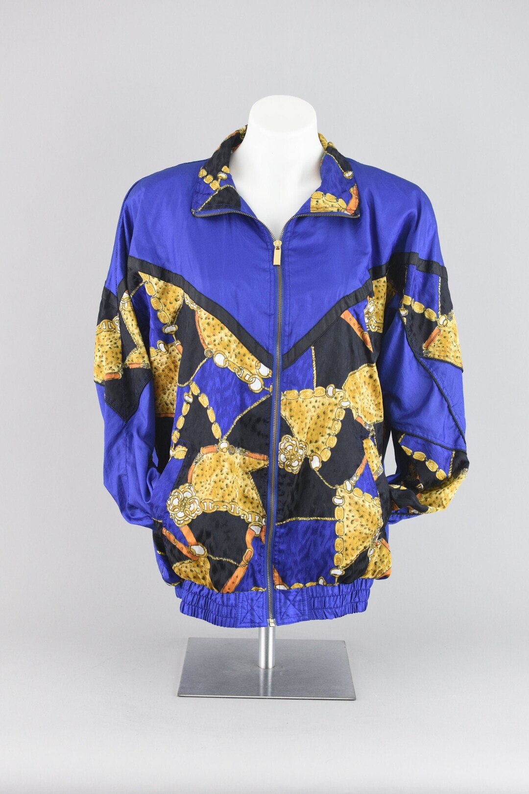90s Windbreaker, Blue & Gold Zip Up, Animal Scarf Print, Vintage Basic ...