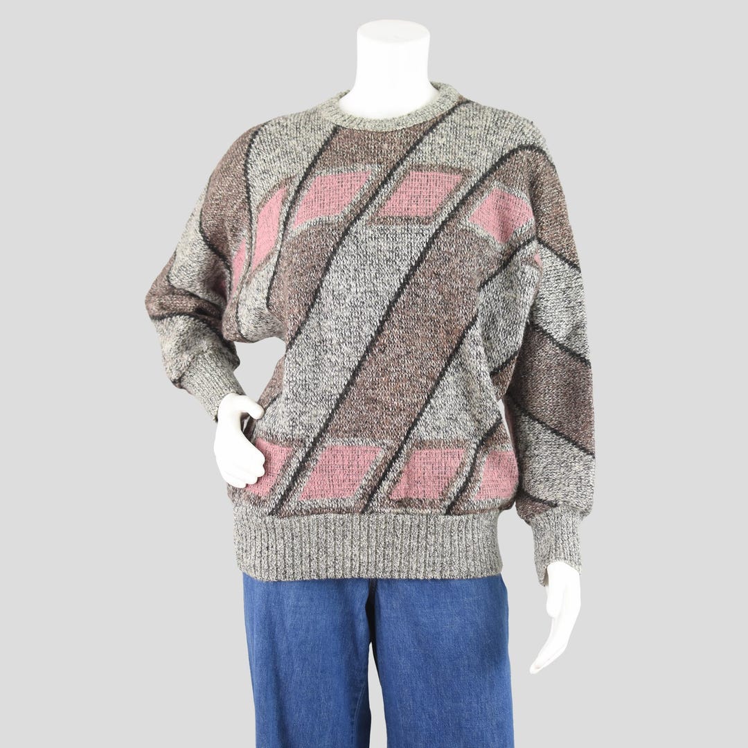 90s Colorblock Wool Batwing Vintage Sweater, Gray & Pink, Women's ...