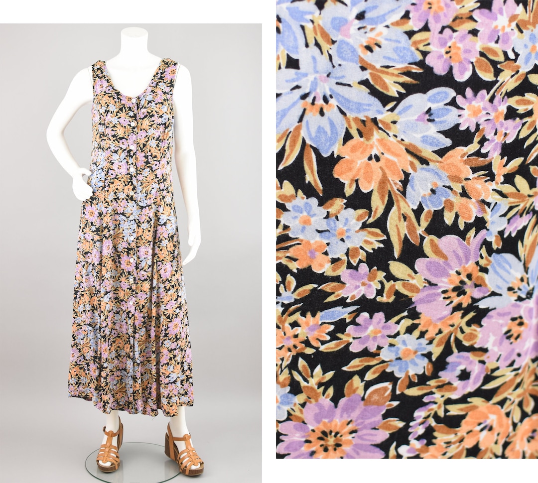 90s Long Summer Dress, Black Floral Button Down Fit and Flare Maxi, JBS ...