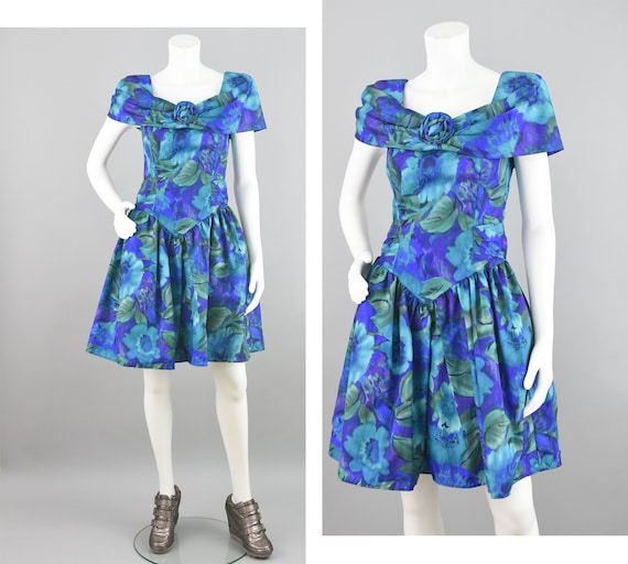 Vintage 80s Blue Floral Prom Dress, Mini Tea Time Fit… - Gem