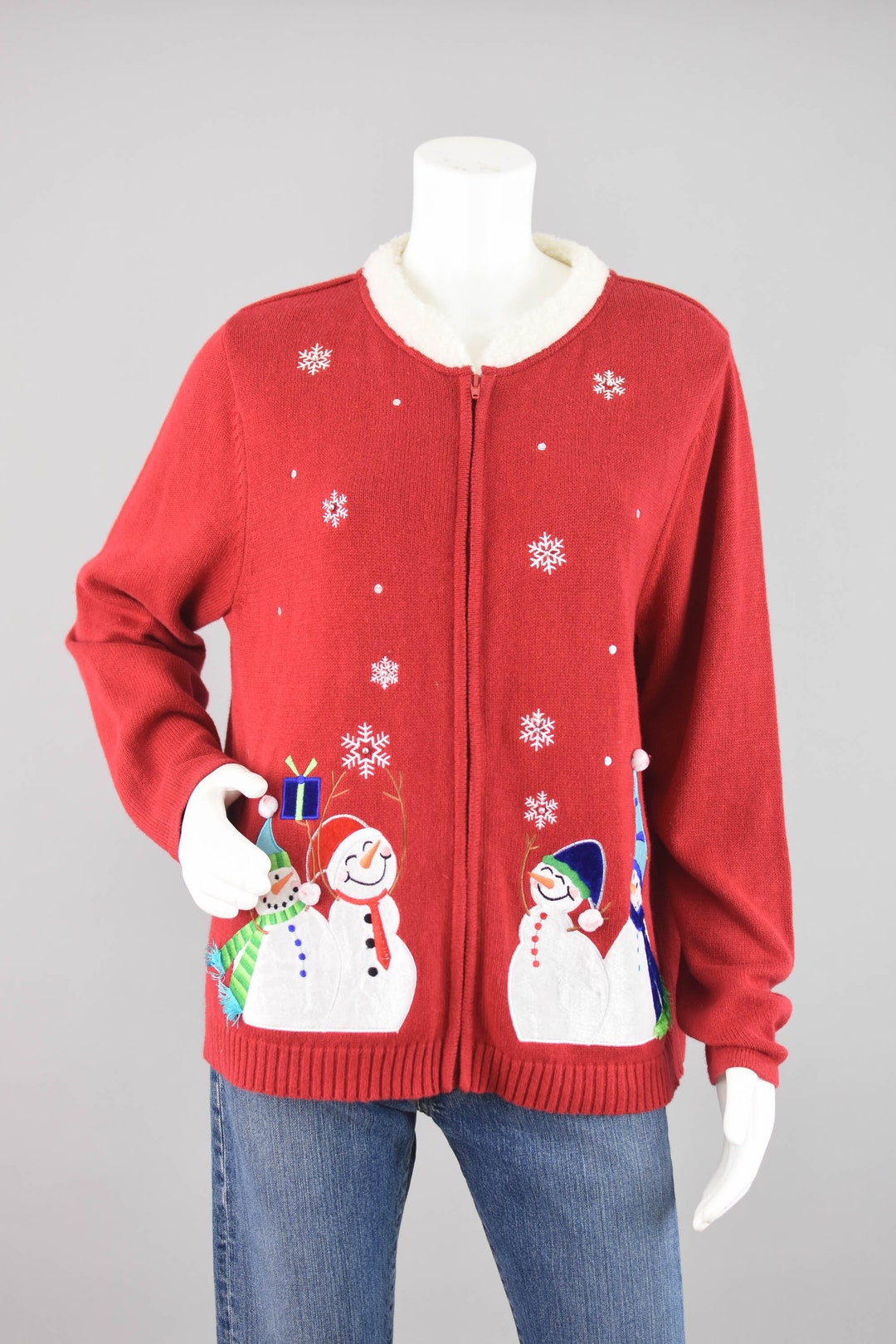 Red Christmas Cardigan With Fur Collar, Snowmen Patchwork & Embroidered ...