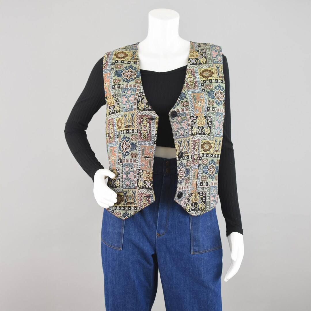 Vintage 80s Woven Tapestry Vest Waistcoat, Women's Petite Medium - Etsy