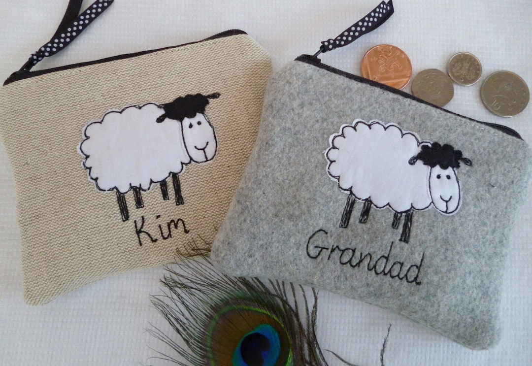 Personalised Sheep Wallet - Custom Coin Purse or Pouch - Oatmeal Linen ...