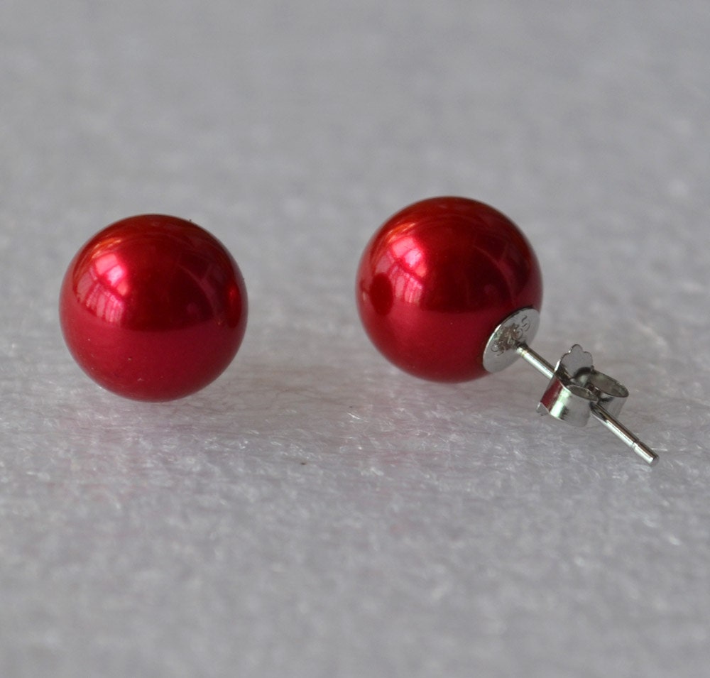 Big Red Pearl Earrings 10mm Red Bead Earringround Pearl Red - Etsy