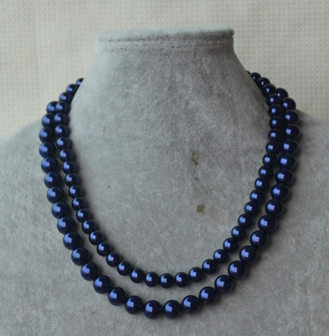 Double Strands Navy Blue Pearl Necklace, Statement Necklace, Navy Blue ...