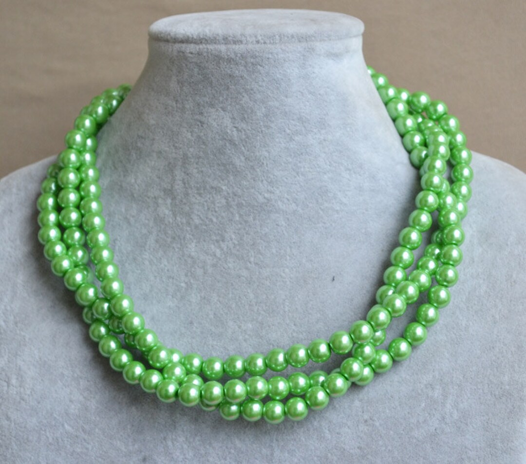 Collar de perlas verdes, collar de perlas de vidrio de 3 hebras, collar ...