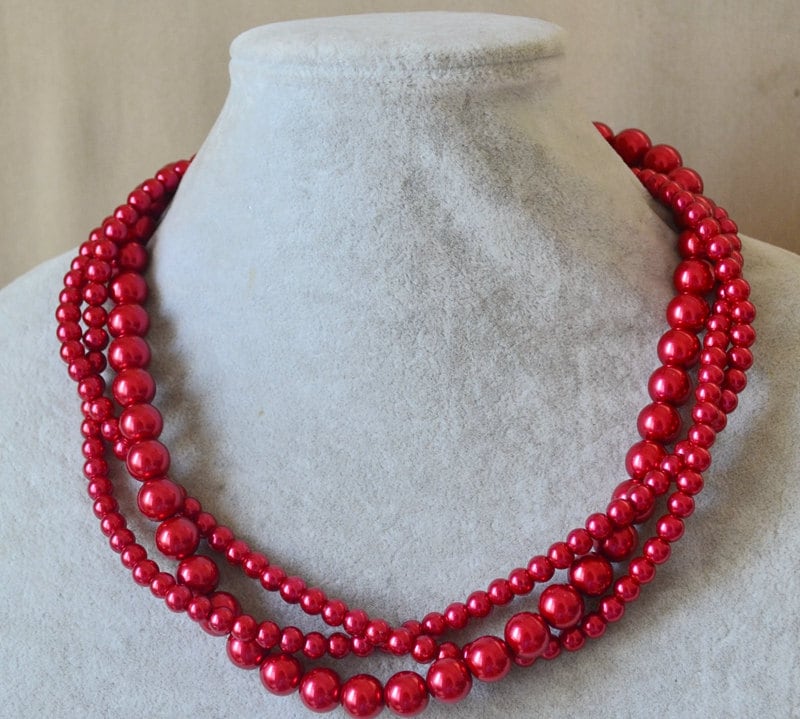 Burgundy red pearl NecklacesGlass Pearl Necklace Triple | Etsy