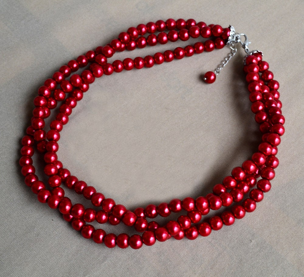 Burgundy red pearl NecklaceGlass Pearl Necklace Triple Pearl | Etsy