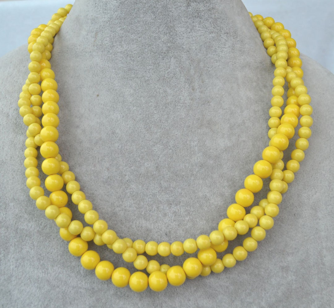 Yellow Bead Necklace, 3 Strands Yellow Pearl Necklace, Statement ...
