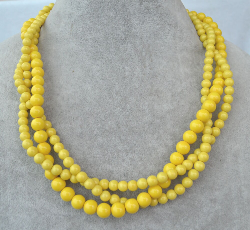 Yellow Bead Necklace 3 Strands Yellow Pearl Necklace - Etsy