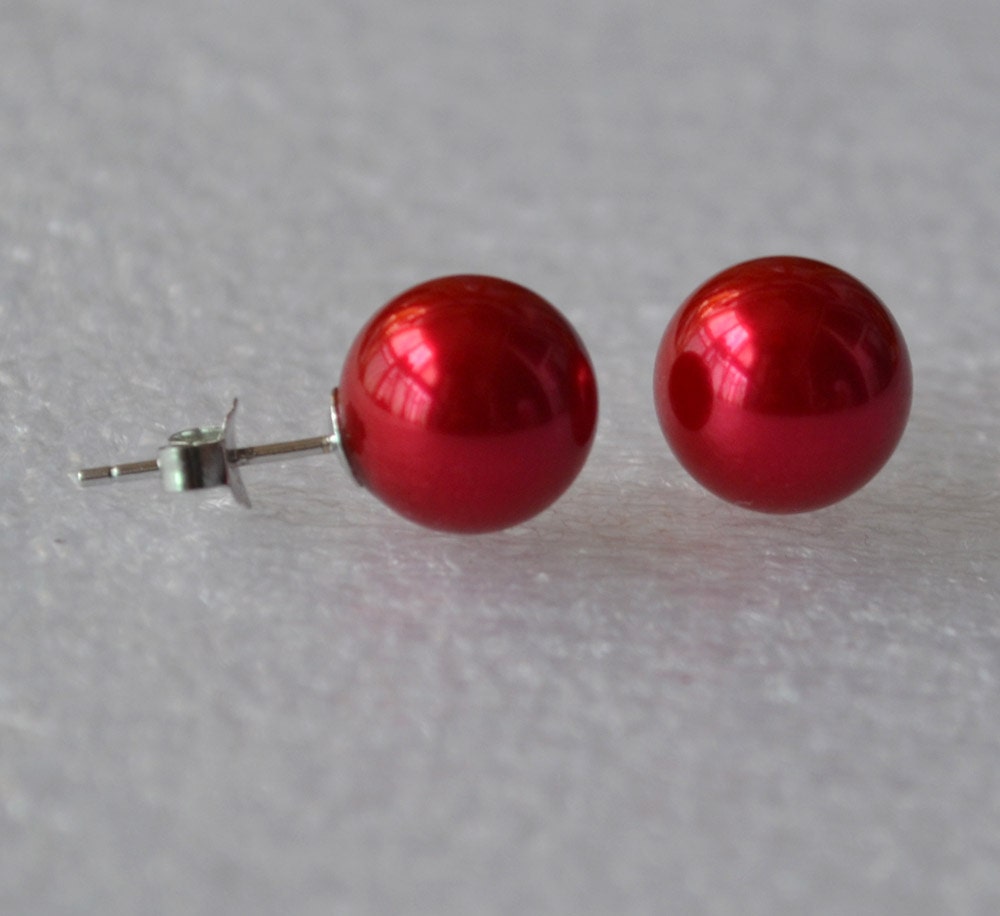 Big Red Pearl Earrings 10mm Red Bead Earringround Pearl Red - Etsy
