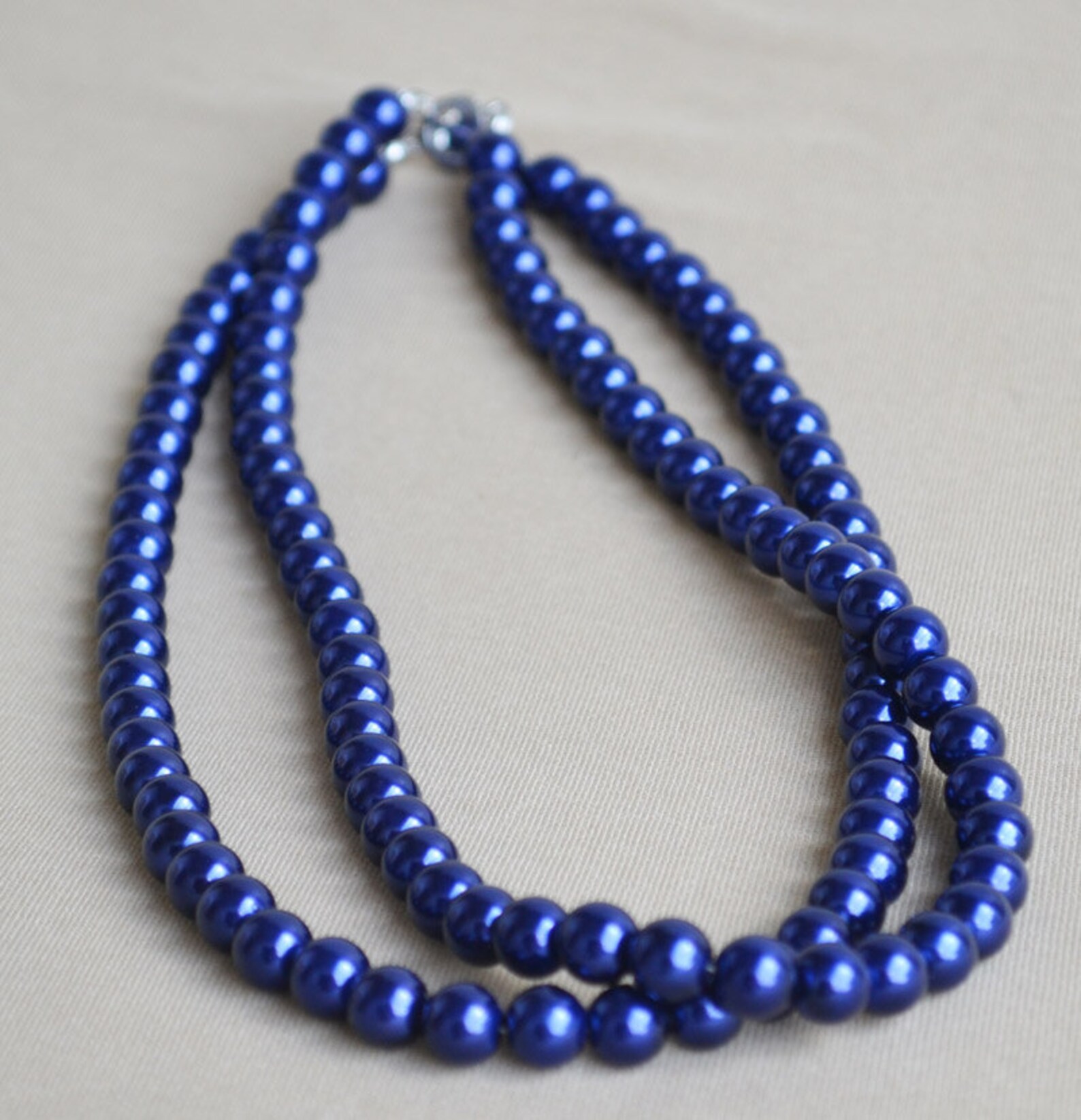 Navy Blue Pearl Necklacenavy Glass Pearl Necklace Two Row | Etsy