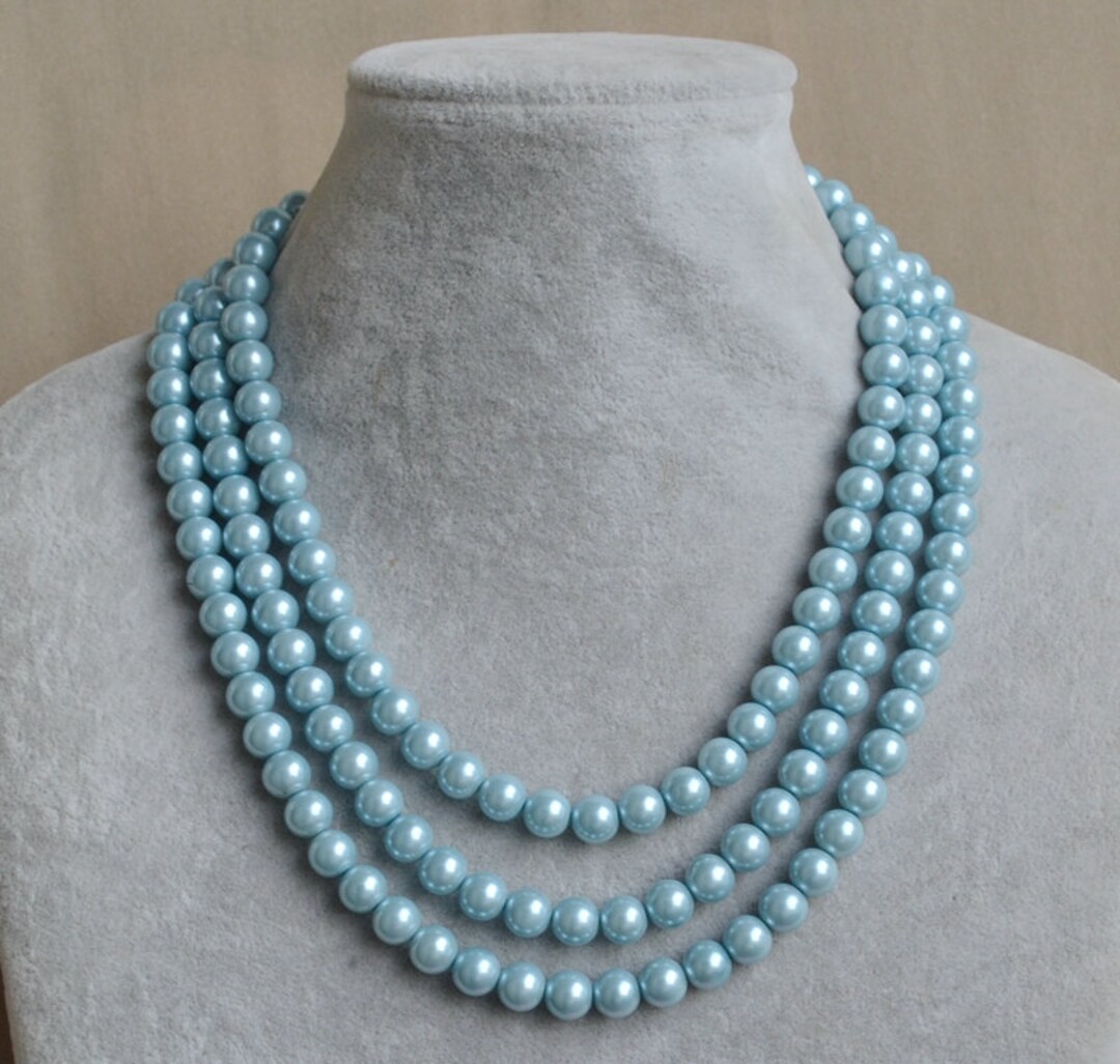 Light Blue Pearl Necklacetriple Pearl Necklacewedding - Etsy