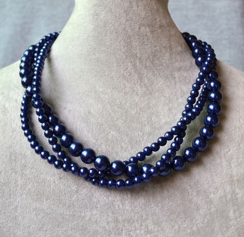 Navy Blue Pearl Necklacetriple Strands Necklacewedding | Etsy