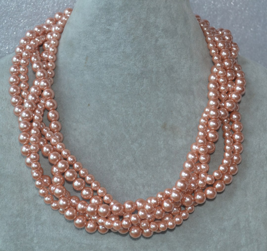 Peach Glass Pearl Five Strand Twisted Necklace - Etsy