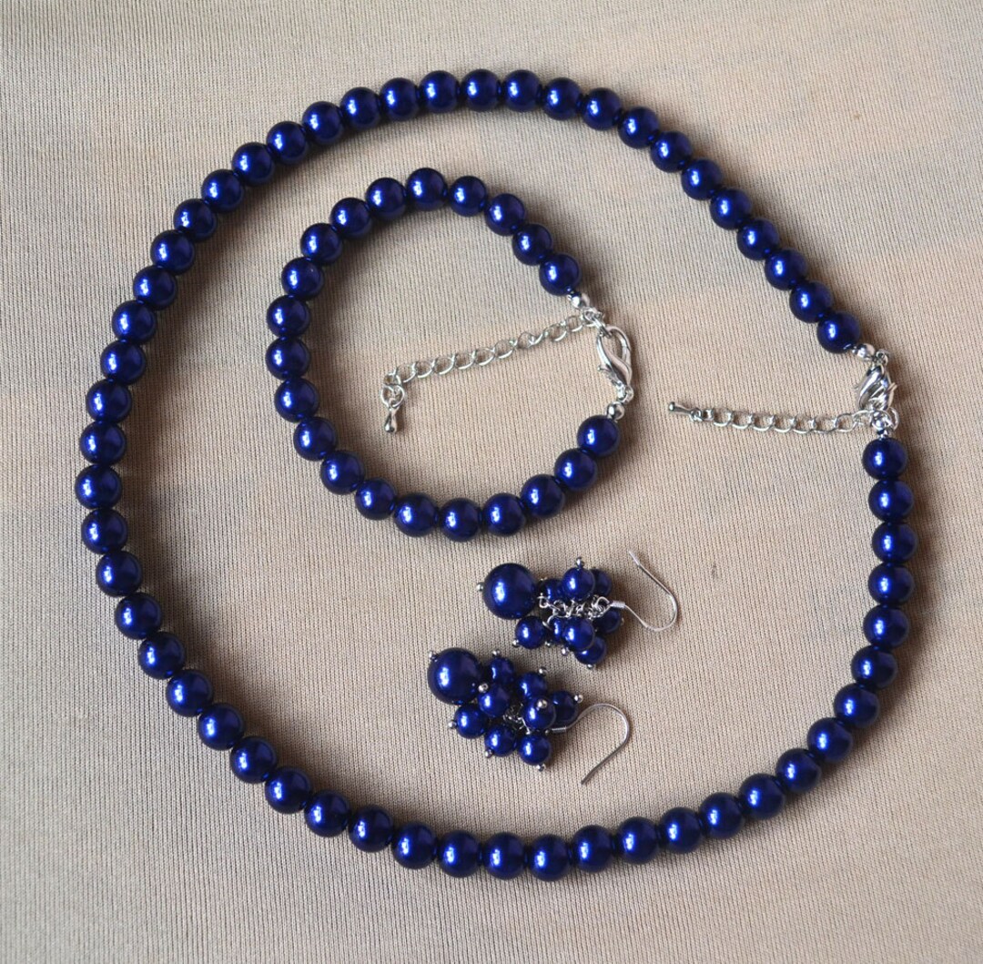 Navy Blue Pearl Jewelry Set, Wedding Necklace, Bracelet, Dangle ...