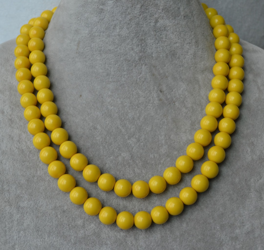 Double Strand Yellow Beaded Necklace, 10mm Glass Pearl Necklace ...