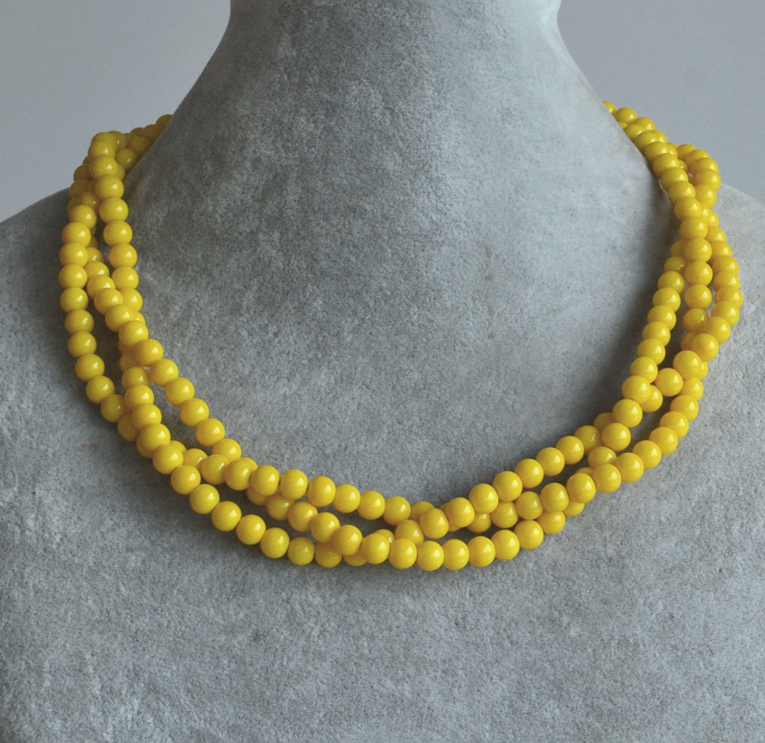 Yellow Pearl Necklace, Triple Strands Yellow Beaded Necklace, Statement ...