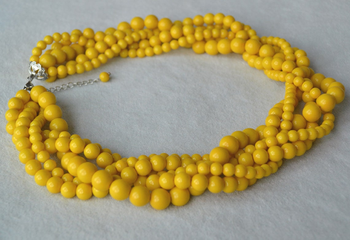 Yellow Pearl Necklacefive Strand Yellow Glass Pearl - Etsy