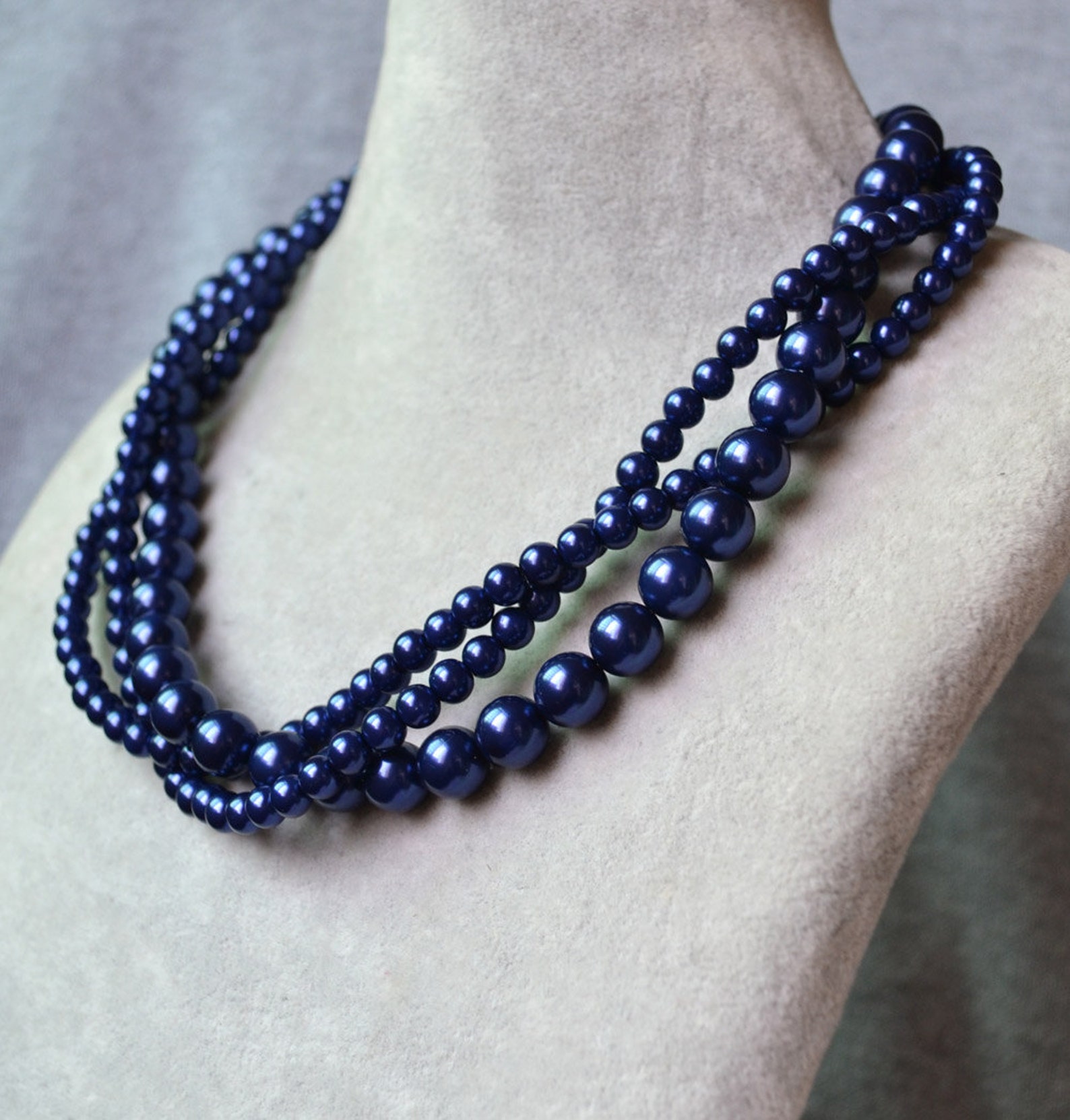 Navy Blue Pearl Necklacetriple Strands Necklacewedding | Etsy