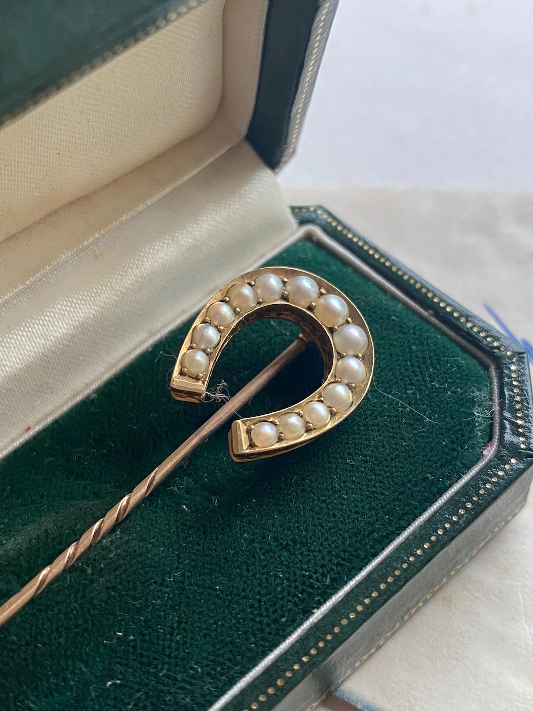 Antique 18CT Gold Horseshoe Stickpin: Seed Pearl Equestrian Lapel Pin ...
