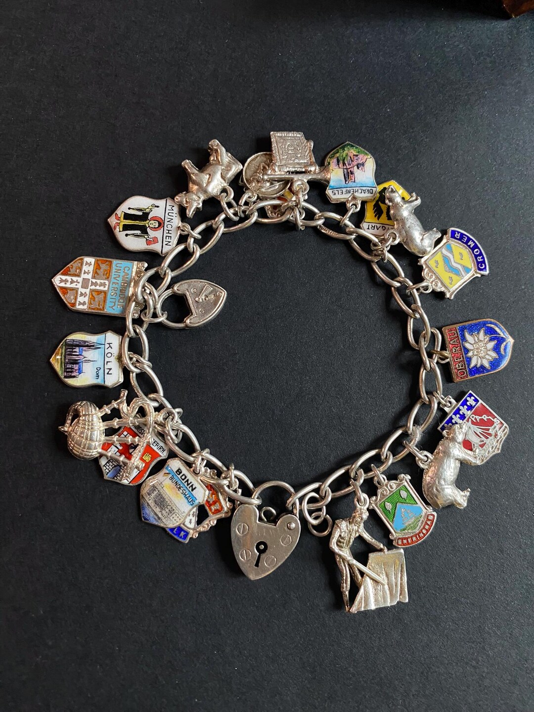 Vintage Sterling Silver Enamel Crest Charm Bracelet: UK & Europe Travel ...