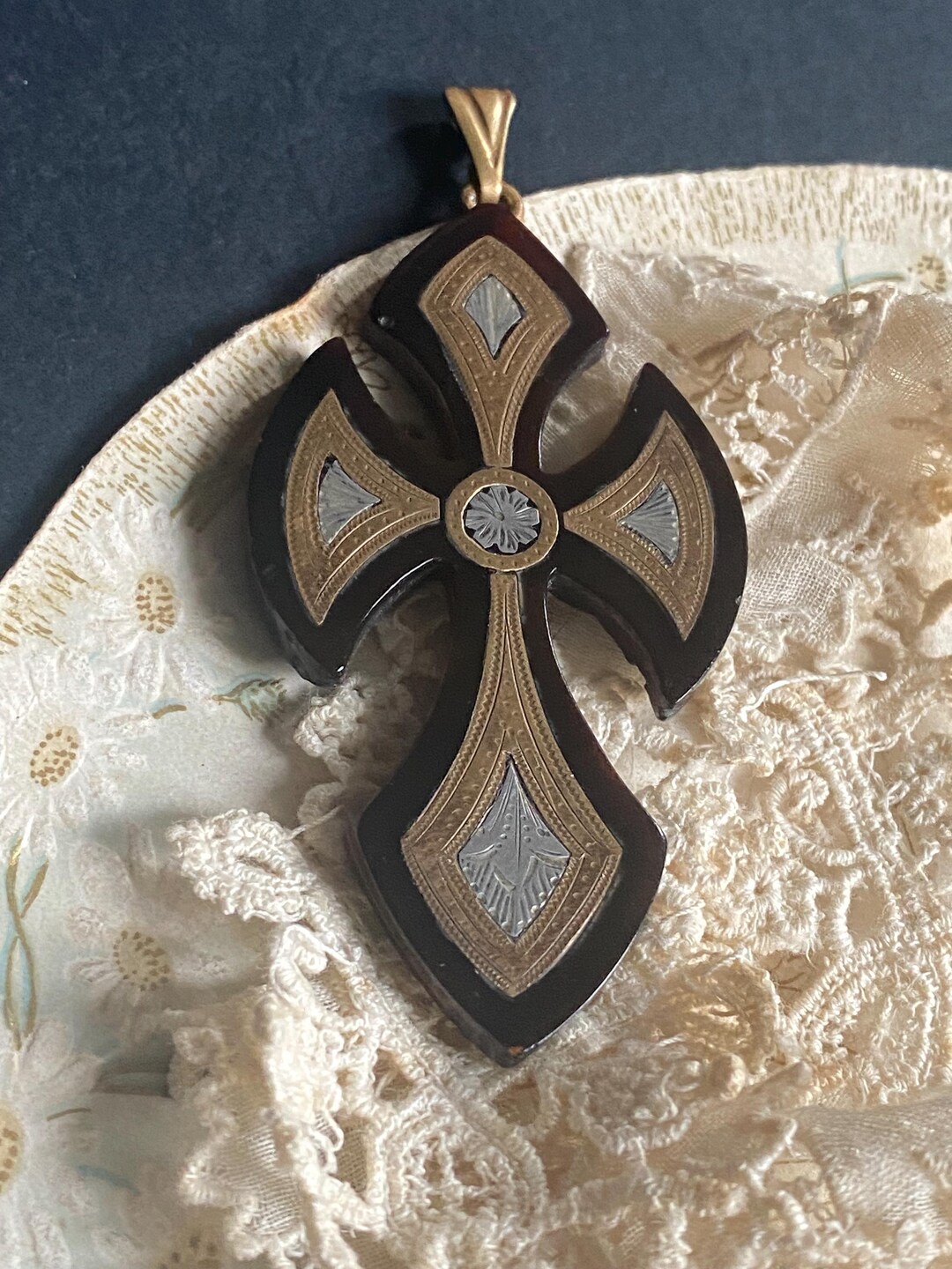 Antique Whitby Jet Cross, Pique Ware Gold Silver Inlay, Gothic Revival ...