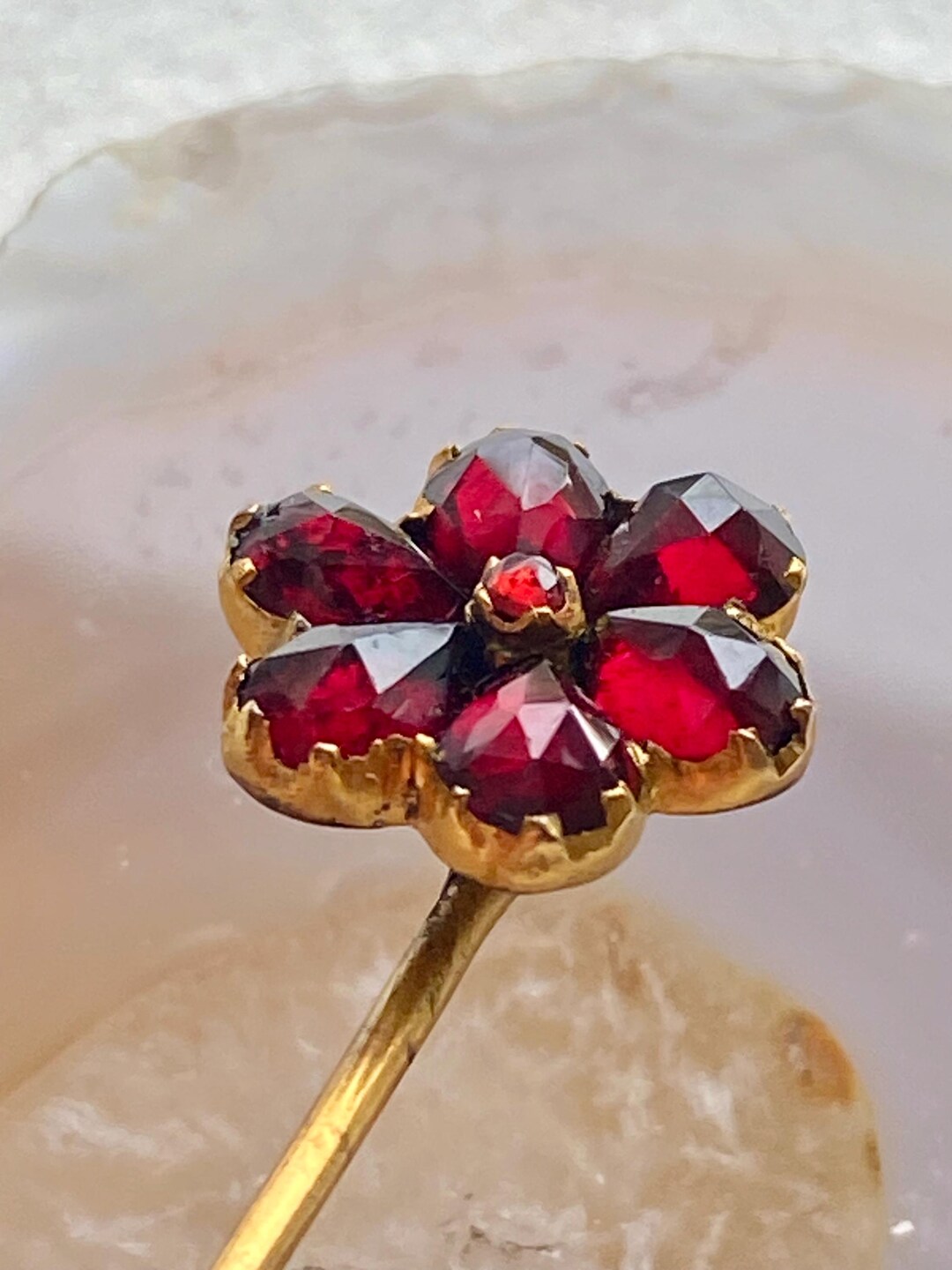 Antique Rose Cut Garnet FLORAL 18CT Gold Stick Pin, BOHEMIAN Garnets ...