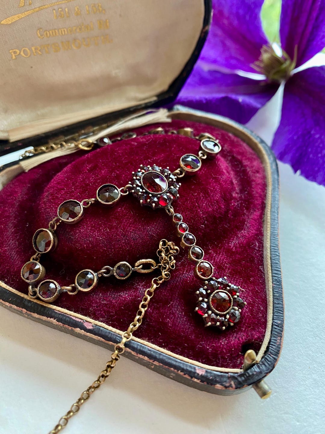 Antique Bohemian Garnet Lavaliere Drop Necklace. Edwardian FLORAL ...