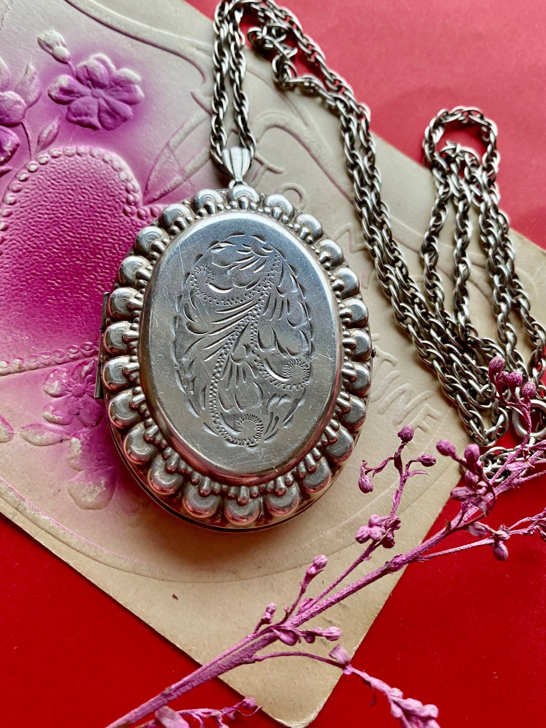 LARGE Sterling Silver Locket & LONG Rope Chain. Victorian Revival ...