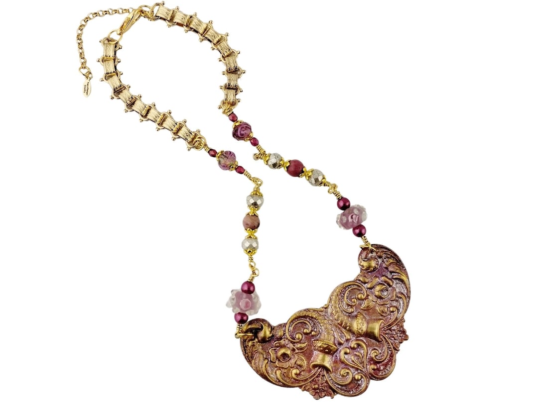 Rose Pink Cornucopia Bib Pendant Necklace Vintage Elegance in Gold ...
