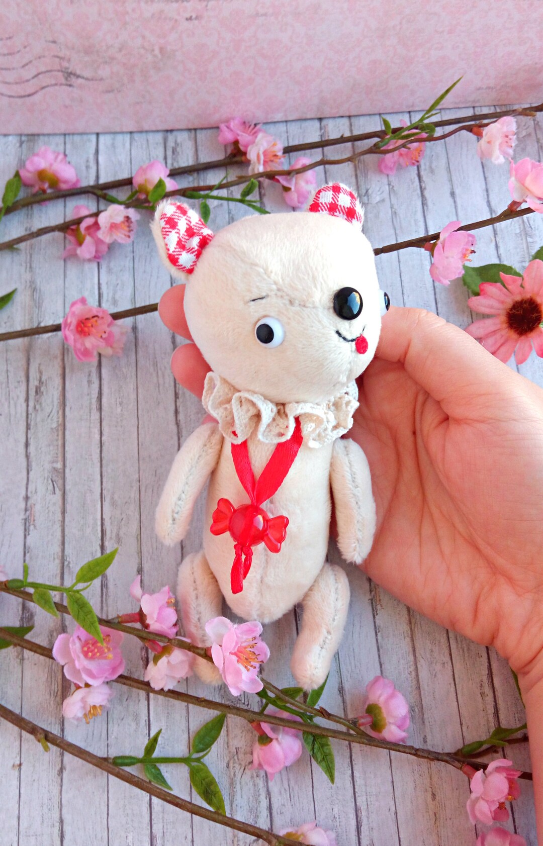 Kitschy Red and Beige Teddy Bear. Stuffed Plush Soft Toy. Gift for ...