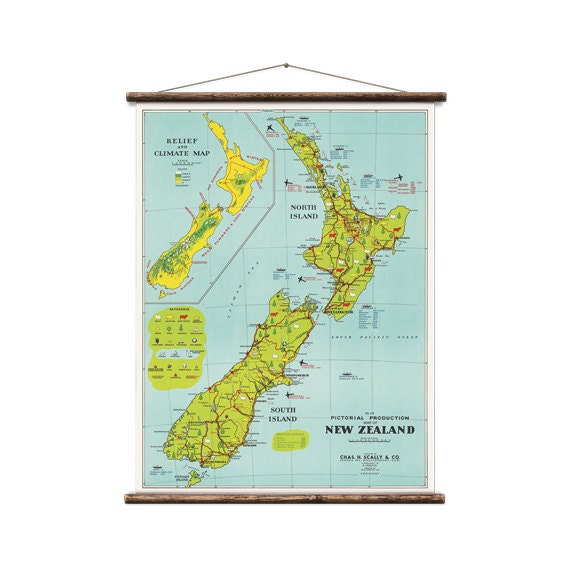 New Zealand - Pull Down Roll Map - Etsy