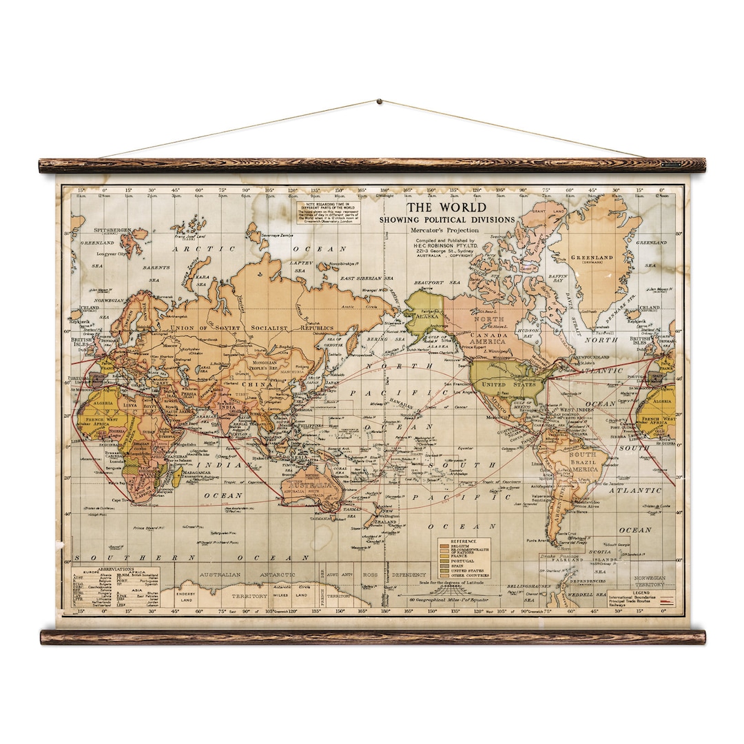 The World - Pull Down Wall Map - Etsy