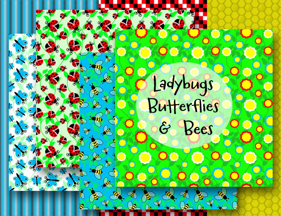 Digital Paper: Insects - Ladybug Butterfly Bee, Honeycomb & Flowers ...