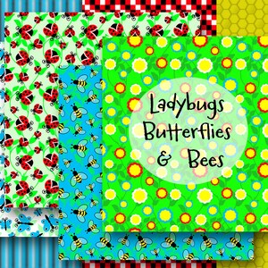 Digital Paper: Insects - Ladybug Butterfly Bee, Honeycomb & Flowers ...