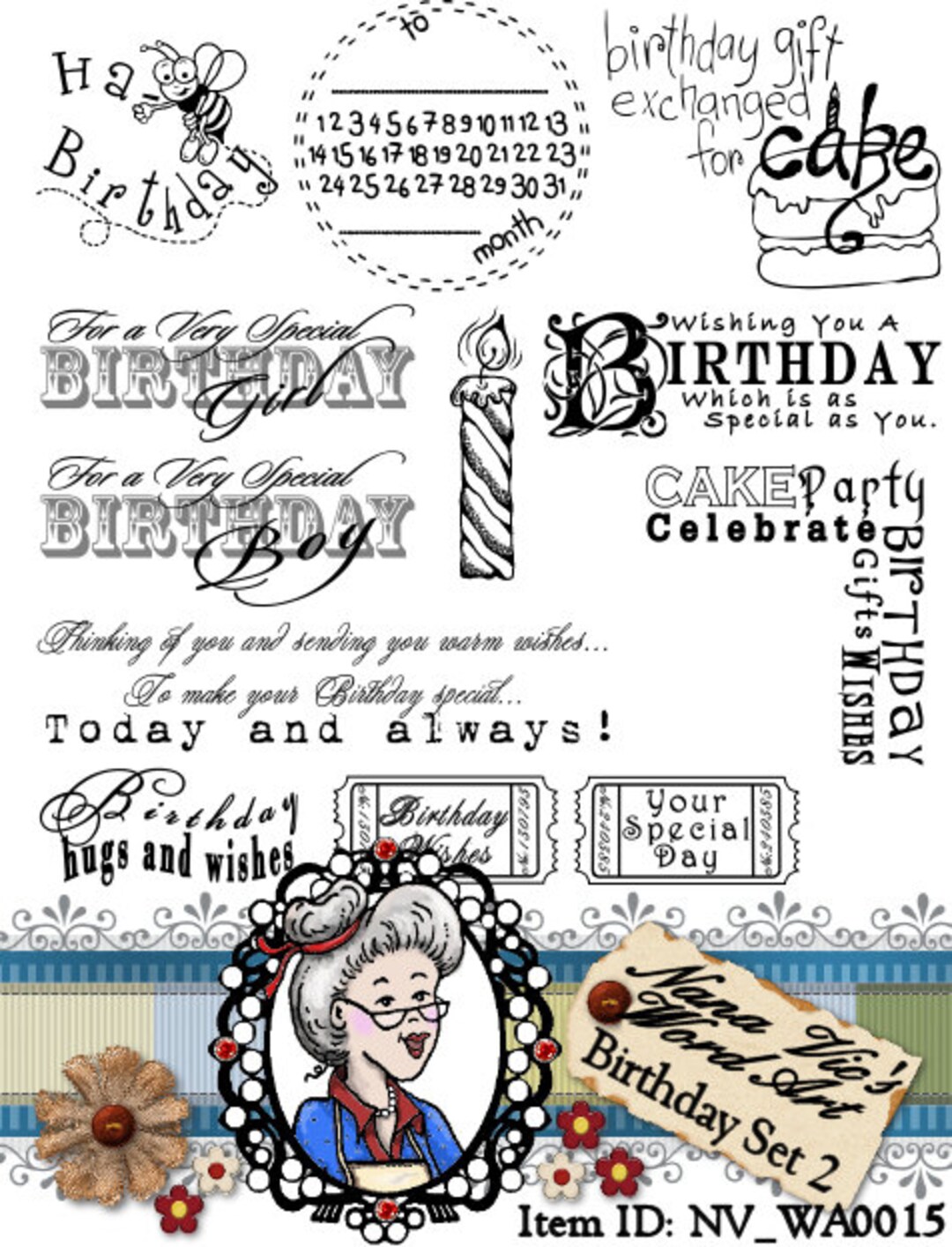 Birthday Set 2 Word Art Sentiments Digital Digi Instant Download ID:NV ...