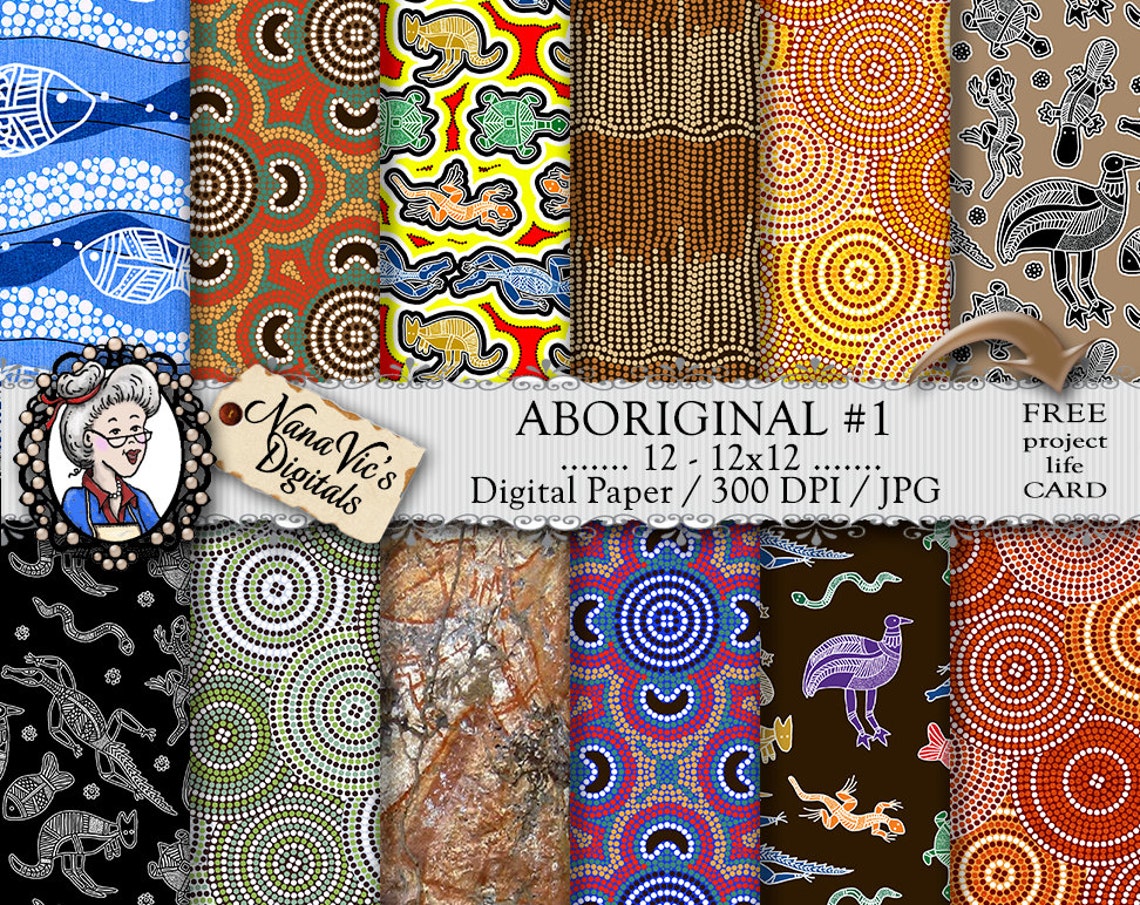 Aboriginal Digital Paper; Kangaroo, Snake, Turtle, Fish, Emu, Platypus ...