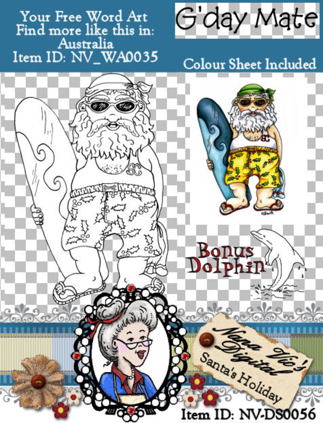 Santa Holiday Surfing Digital Stamp Digi Instant Download ID:NV-DS0056 ...