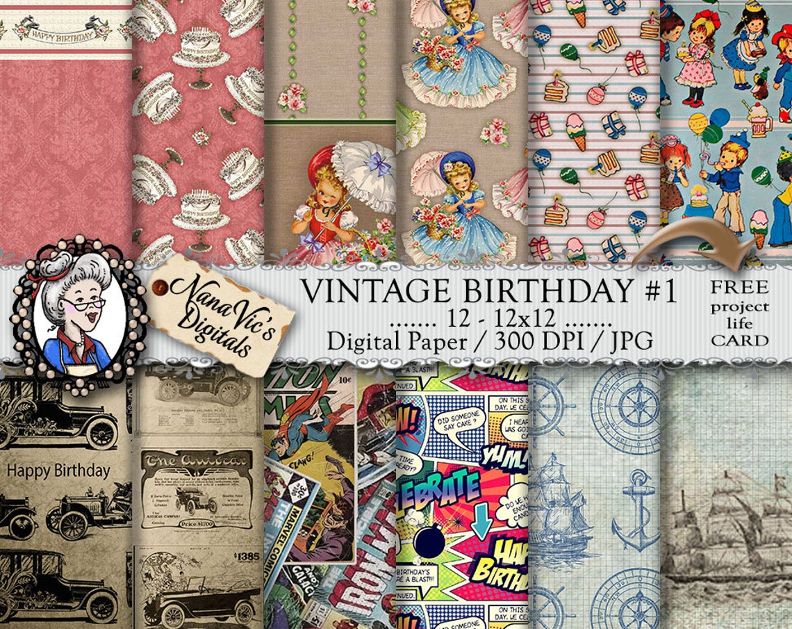 Vintage Birthday 1 Digital Paper Women Children Men | Etsy Australia
