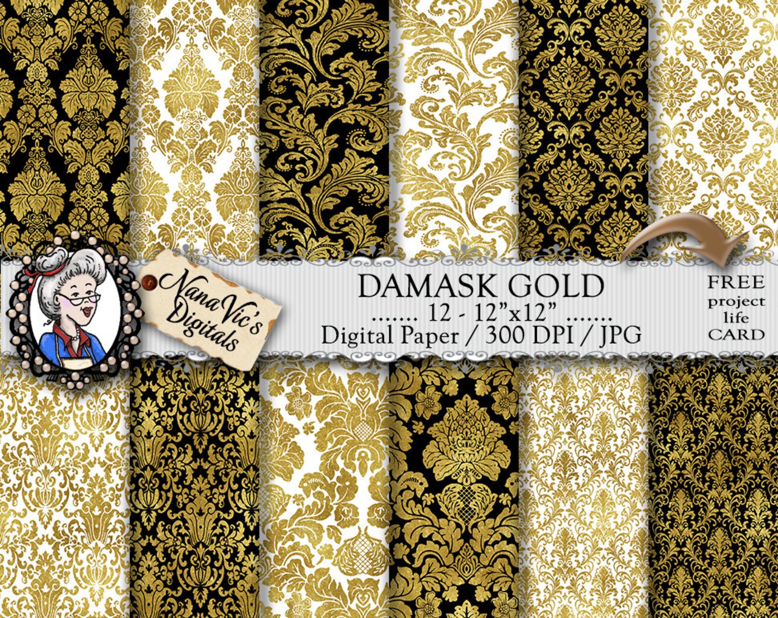Damask Digital Paper, Gold Seamless Wedding Backgrounds, Damask Texture ...