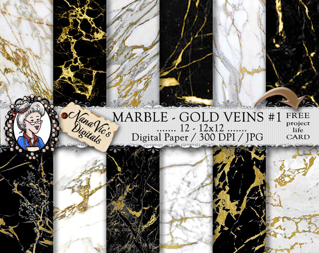 Marble Digital Paper, White / Black Marble With Gold Veins, Marble ...