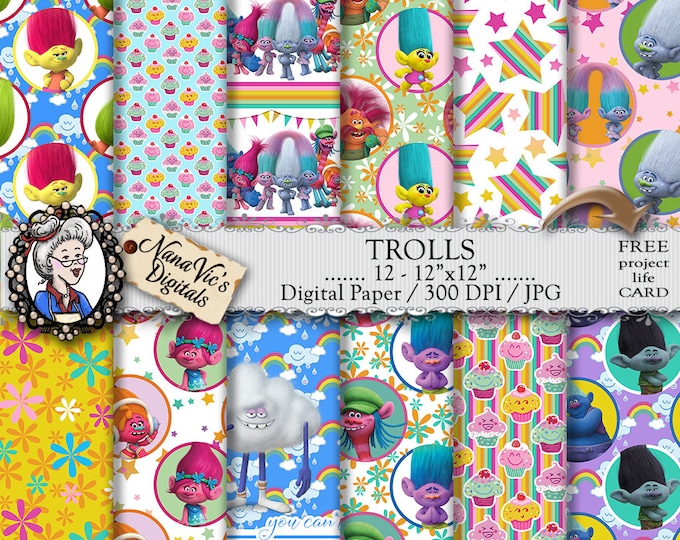 Trolls Digital Paper, Trolls Party, Seamless Backgrounds, Scrapbooking ...