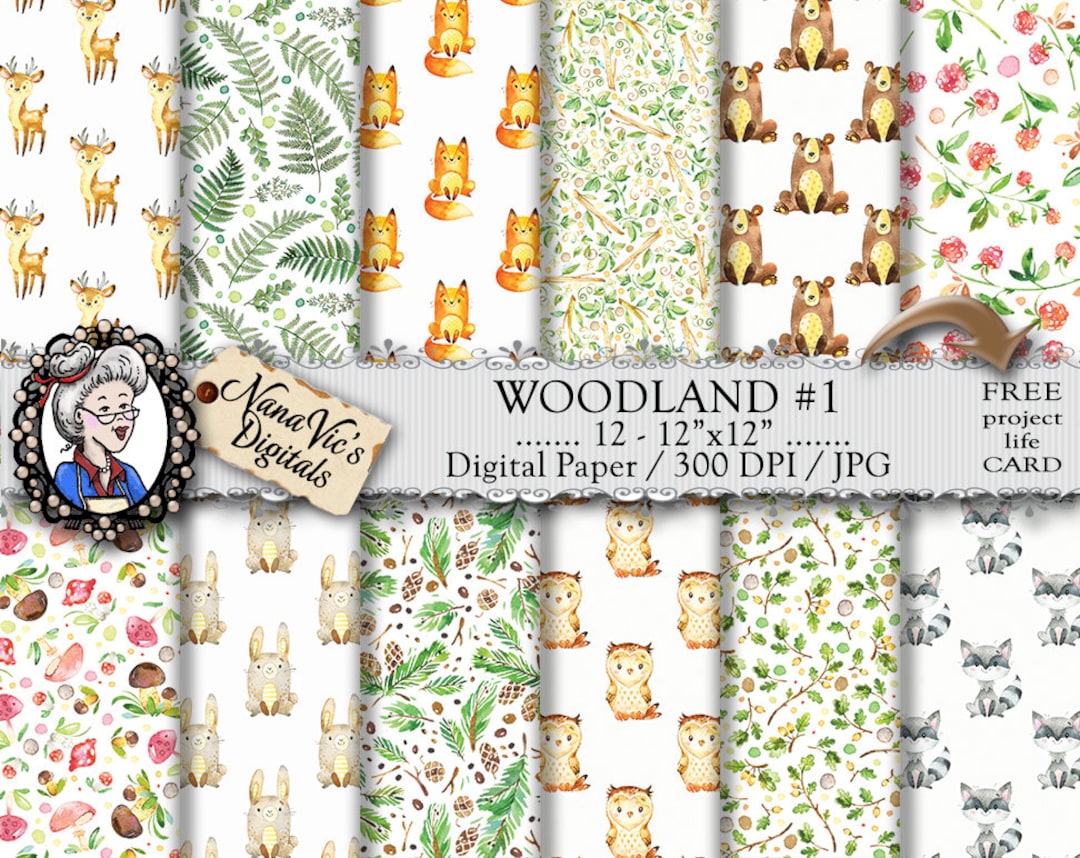 Woodland Digital Papers 1: Fox, Deer, Bear, Rabbit, Raccoon, Owl Toile ...