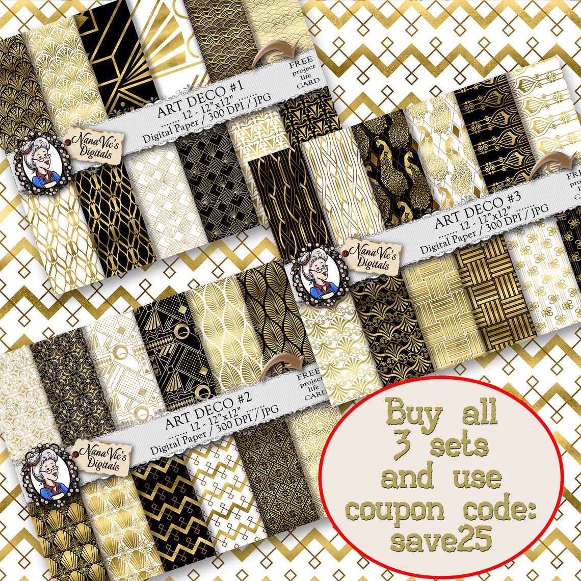 ART DECO Digital Paper: Black & White Gold Art Deco Great | Etsy