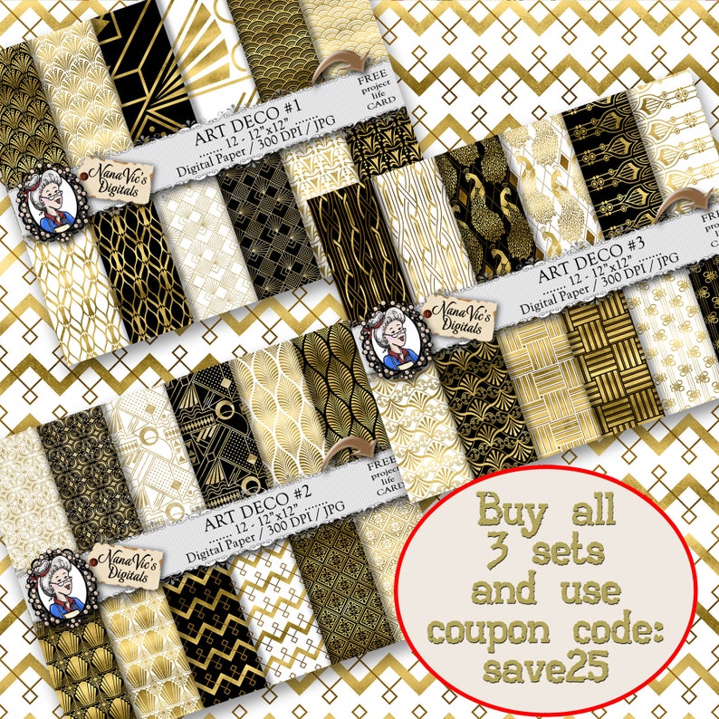 ART DECO Digital Paper: Black & White Gold Art Deco Great Gatsby, Art ...