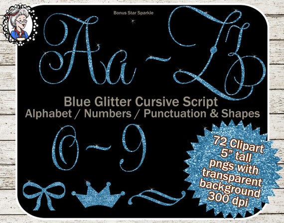 Glitter Alphabet Clipart: Blue Cursive Script Alphabet - Etsy